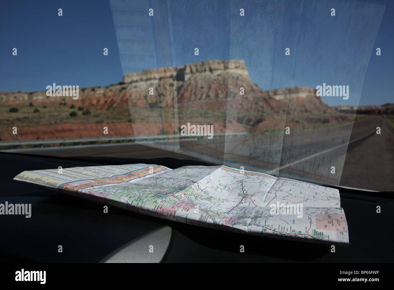 Road map on dashboard of passenger car on Route 550 in New Mexico, USA ...