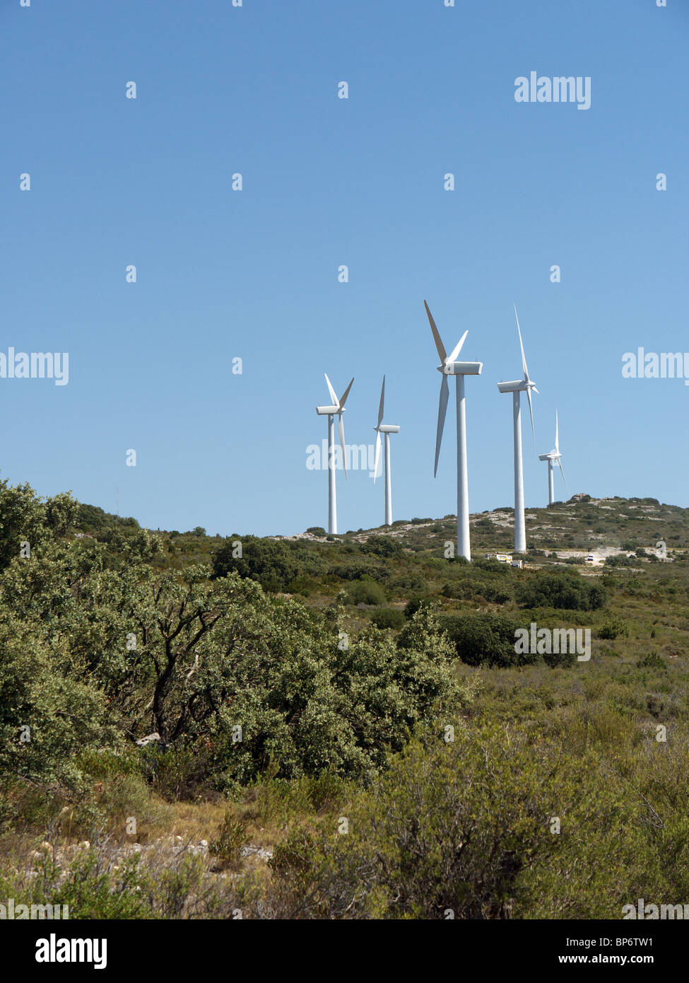 Wind turbines in the French countryside in the Roussillon region of ...