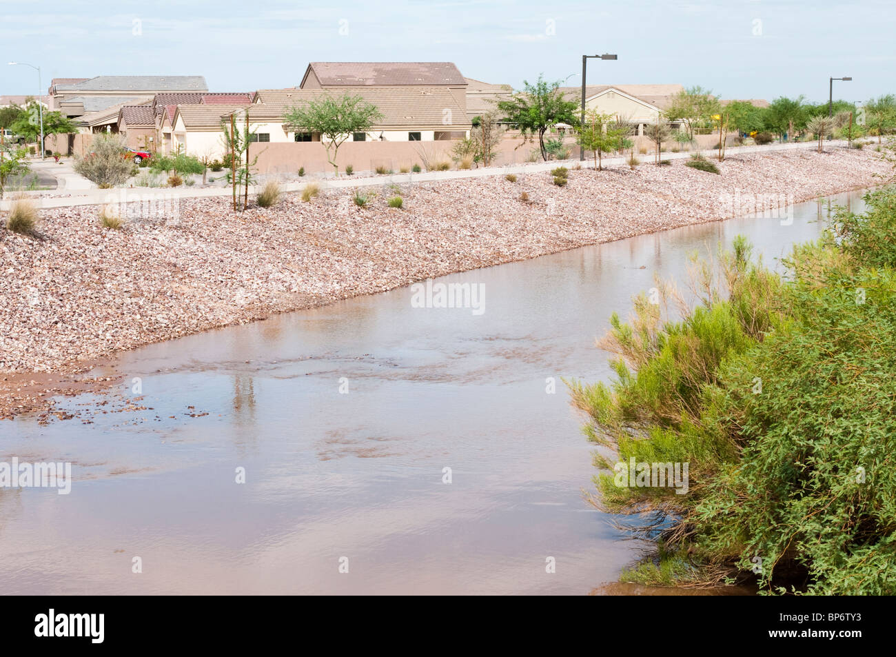 Storm water is collected in runoff basins in a residential area Stock ...