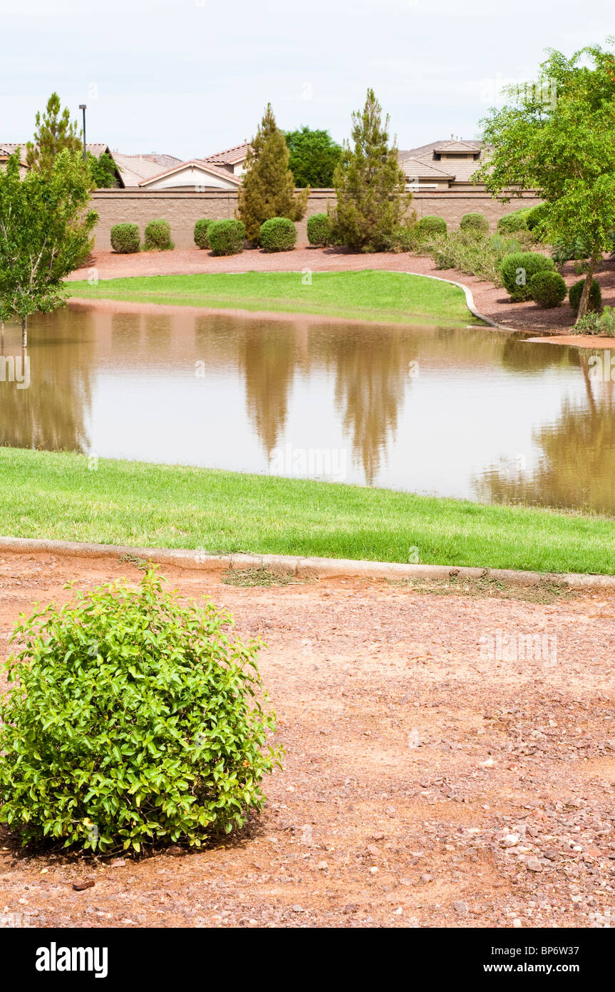 Storm water is collected in runoff basins in a residential area Stock ...