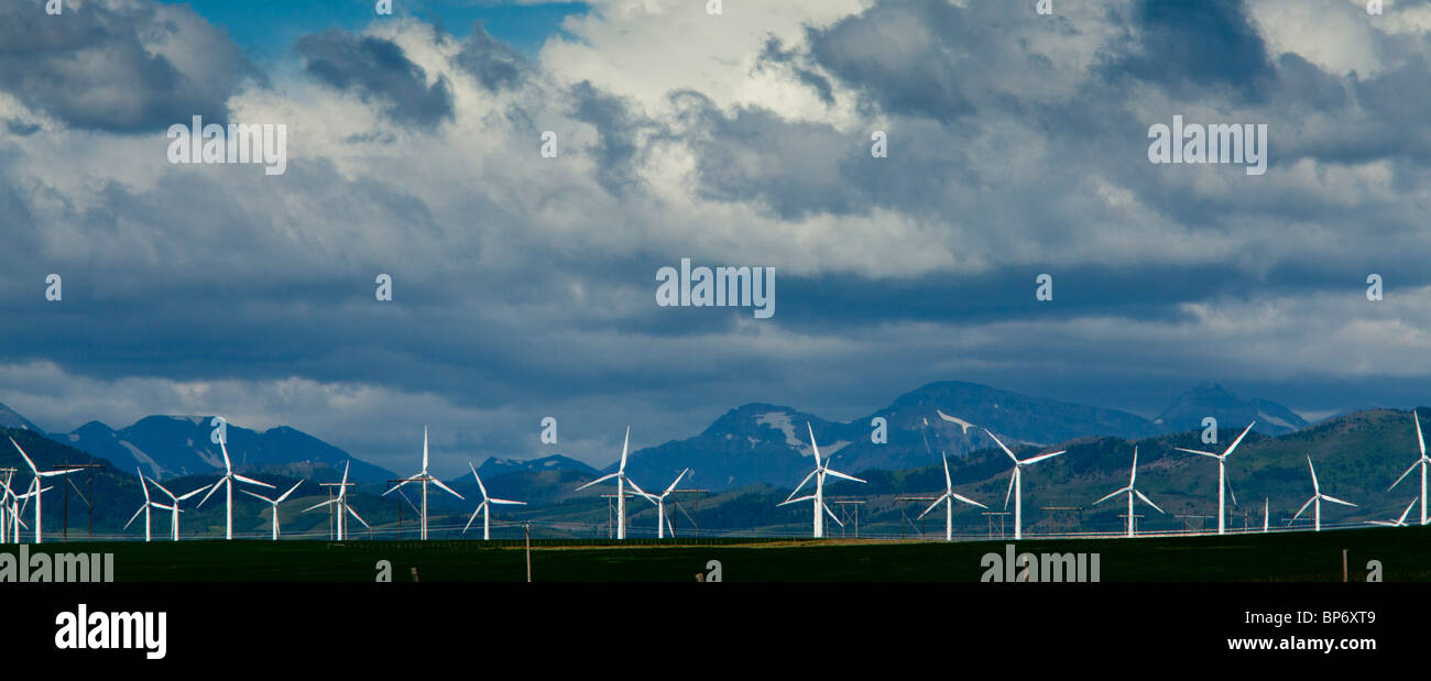 Windmills at Pincher Creek, Alberta, with the Rockies beyond, in stormy ...