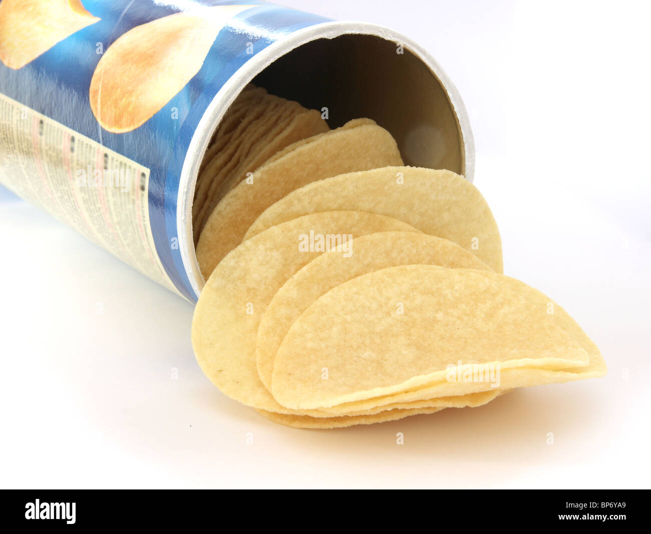 Potato chips on white background in a can Stock Photo - Alamy
