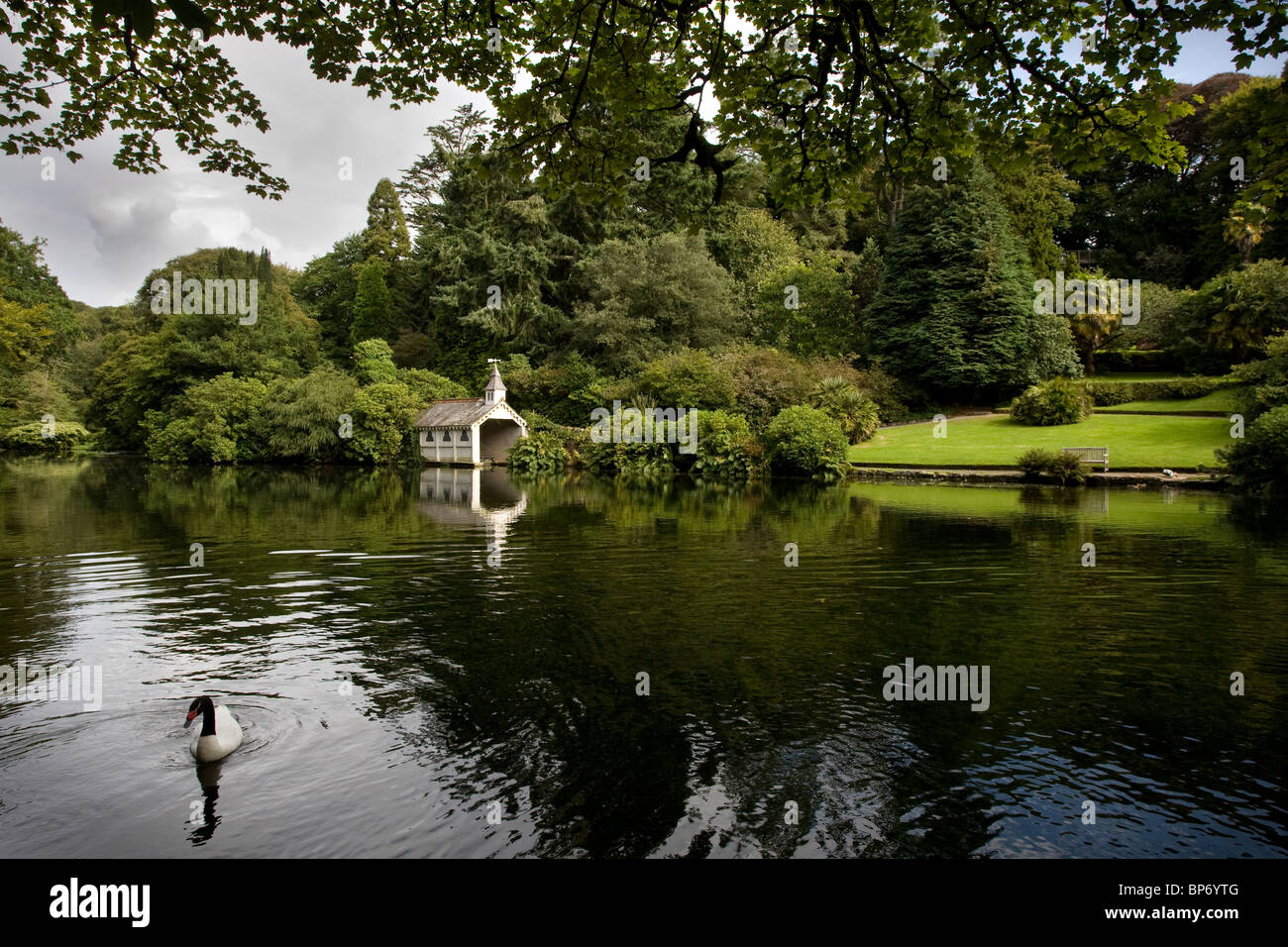 The boat house and lake at Trevarno Gardens near Helston, Cornwall ...