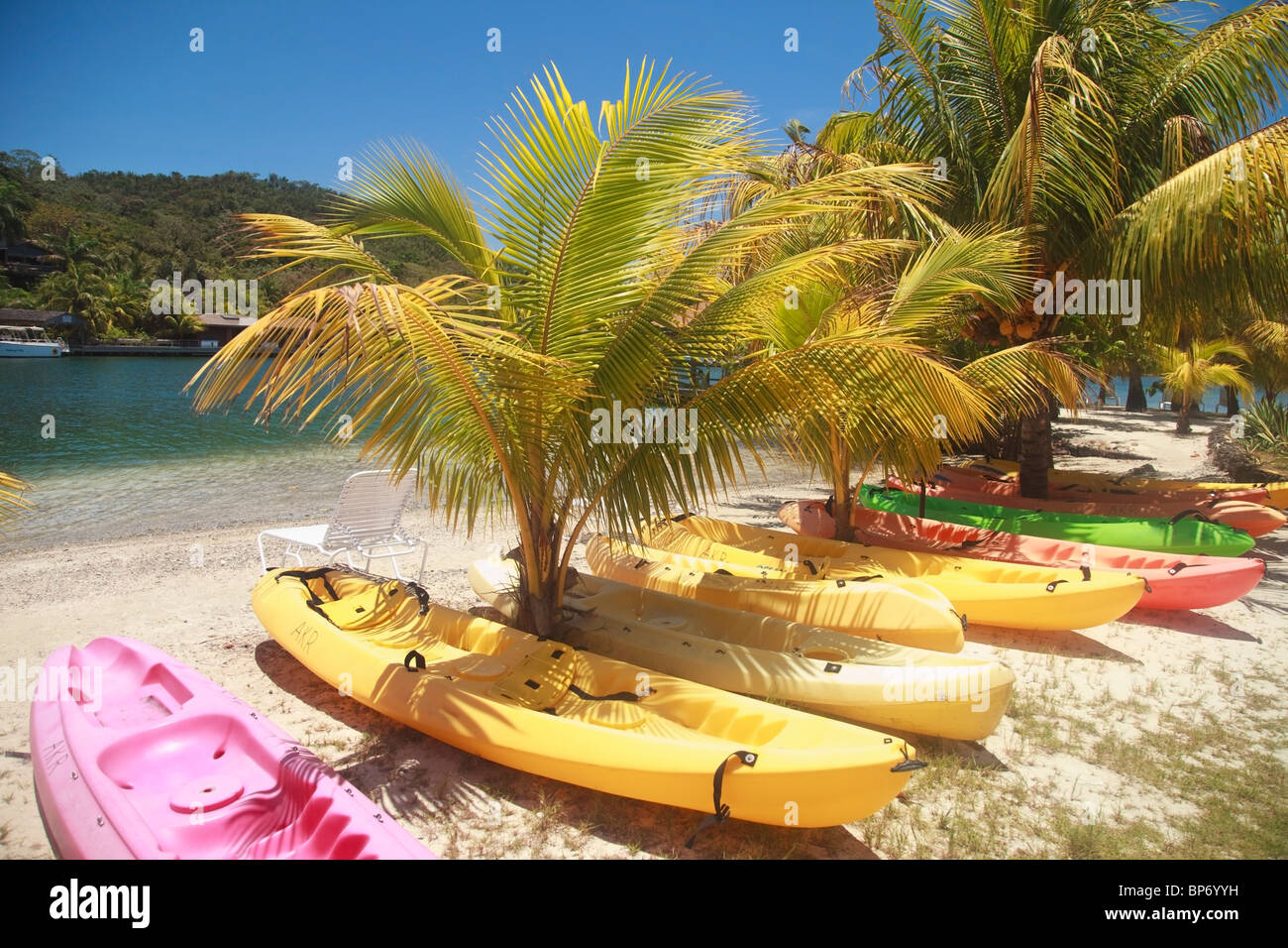 Roatan, Bay Islands, Honduras; Kayaks On The Beach At Anthony's Key ...