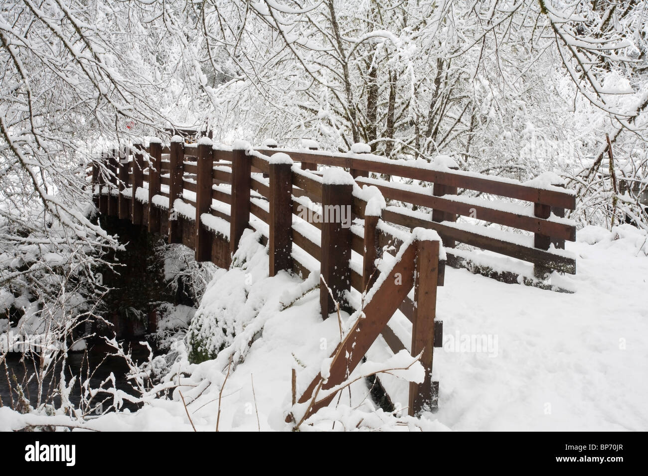Oregon, United States Of America; Snow Covered Bridge In Silver Falls ...