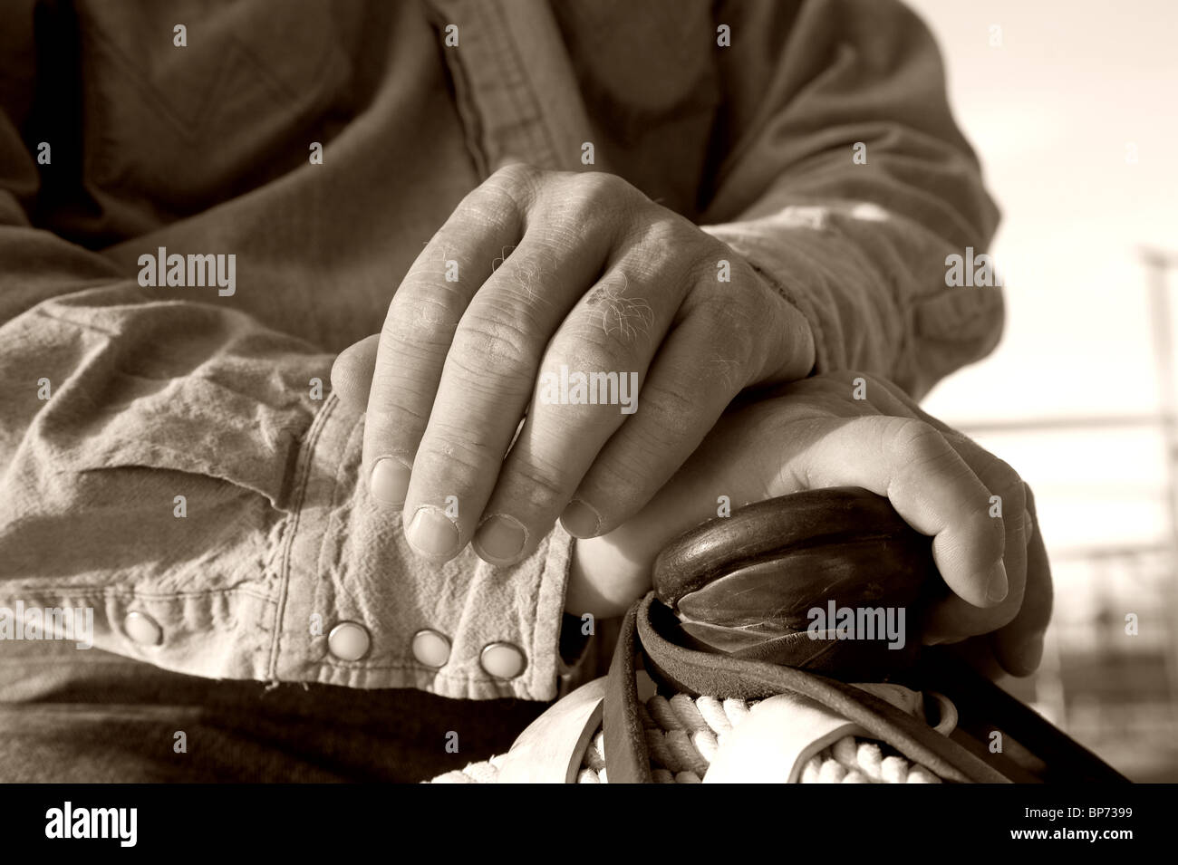 Cowboys Hands on Saddle Stock Photo - Alamy