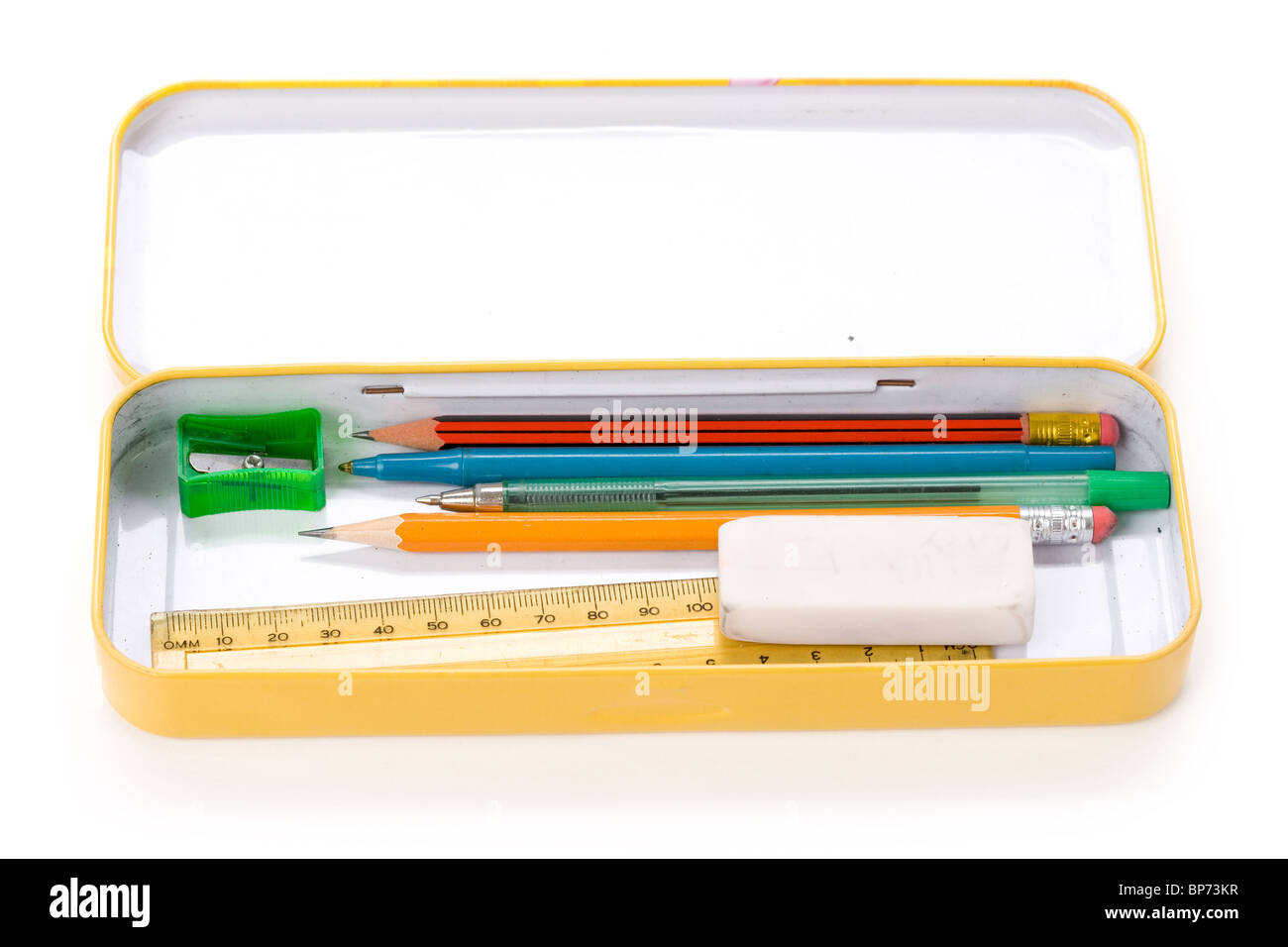 Metal pencil case with white background Stock Photo - Alamy