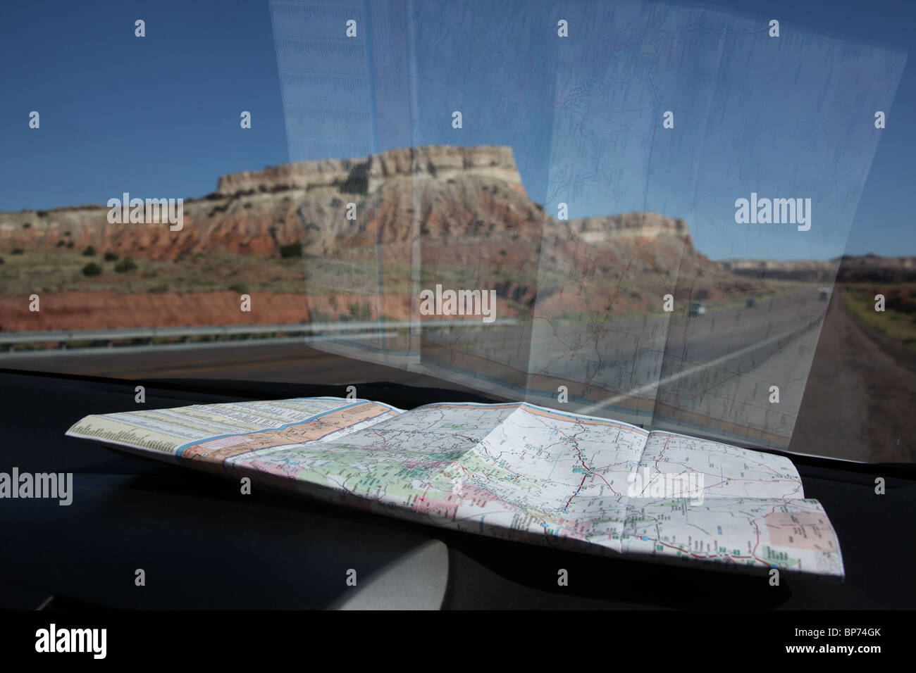 Road map on dashboard of passenger car on Route 550 in New Mexico, USA ...
