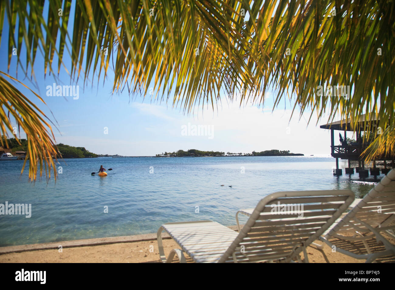 Roatan, Bay Islands, Honduras; View A Person In A Kayak Off The Coast ...