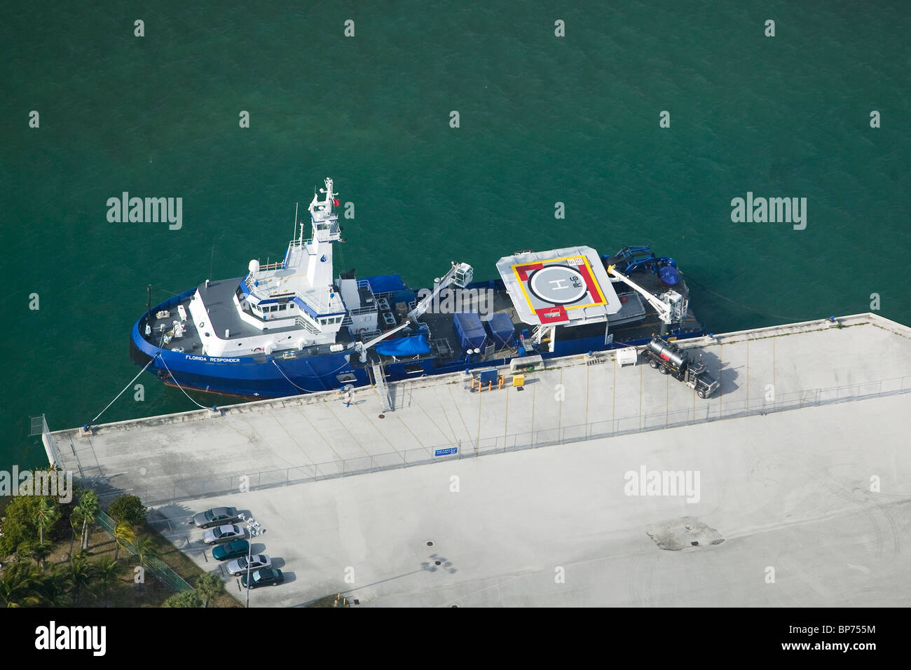 aerial view above Florida Responder pollution control vessel docked ...