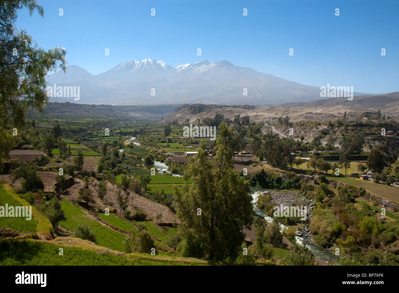 Mount Chachani in the distance over the suburbs of Arequipa, Peru Stock ...