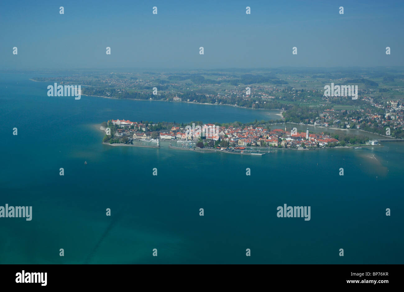 Aerial view from an airship dirigible Zeppelin NT of Lindau Insel and ...