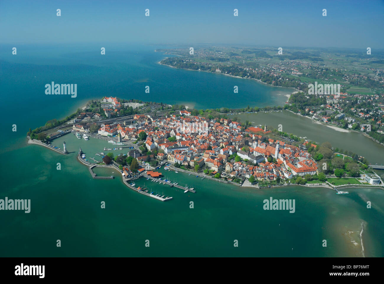 Aerial view from an airship dirigible Zeppelin NT of Lindau Insel and ...