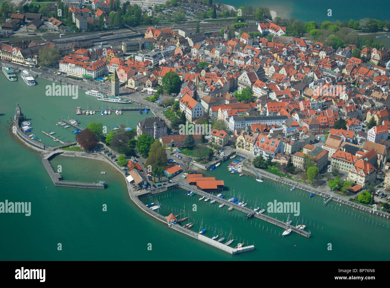 Aerial view from an airship dirigible Zeppelin NT of Lindau Insel and ...