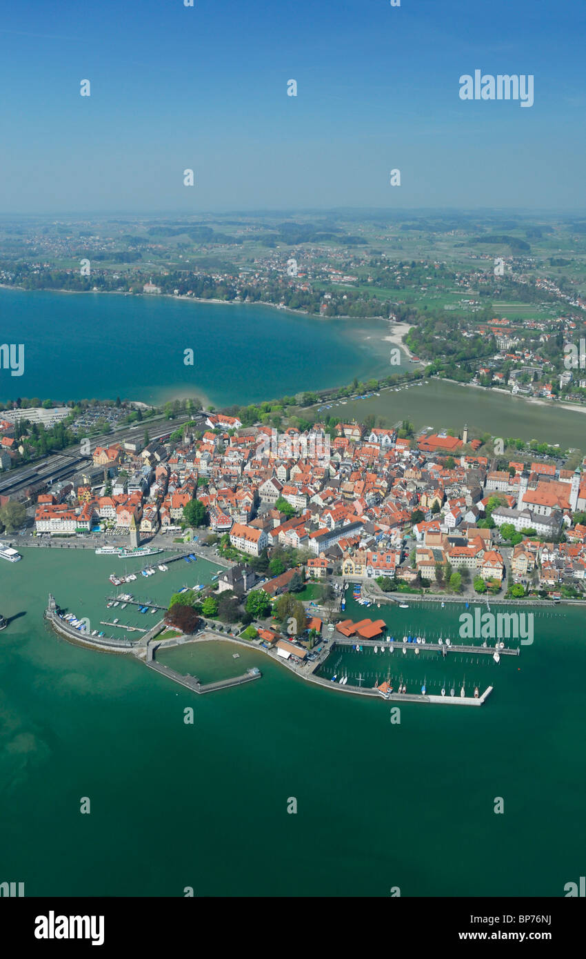 Aerial view from an airship dirigible Zeppelin NT of Lindau Insel and ...
