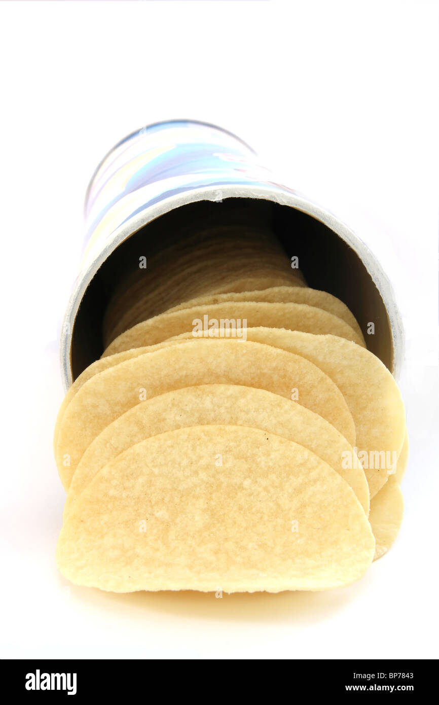 Potato chips on white background in a can Stock Photo - Alamy