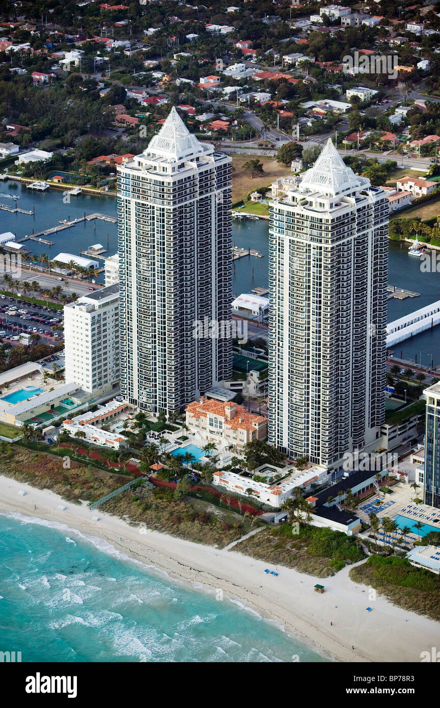 aerial view above Blue and Green Diamond towers Miami Beach Florida ...