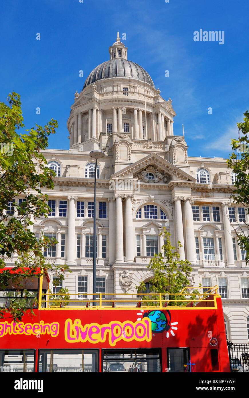 Red open top tourist bus in front of the Port of Liverpool Building ...