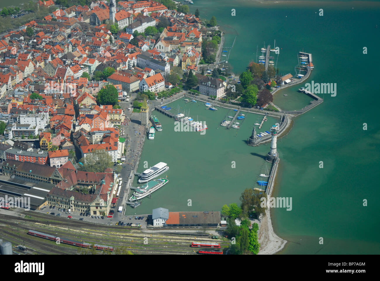 Aerial view from an airship dirigible Zeppelin NT of Lindau Insel and ...