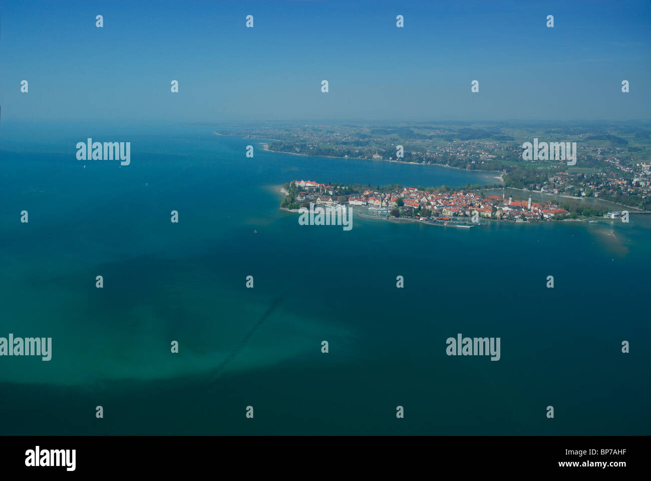 Aerial view from an airship dirigible Zeppelin NT of Lindau Insel and ...