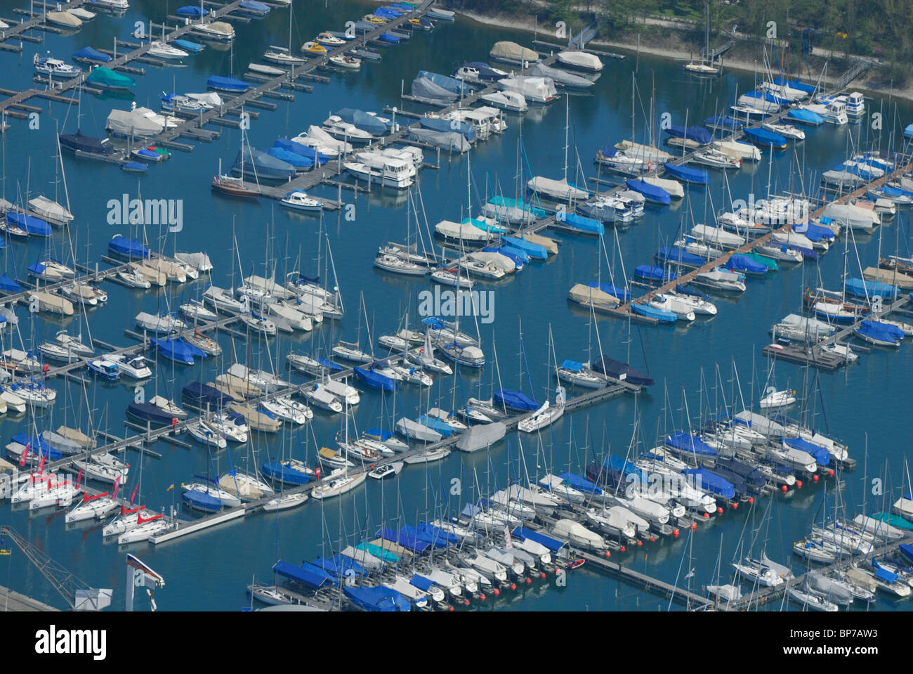 Aerial view from an airship dirigible Zeppelin NT of port of ...