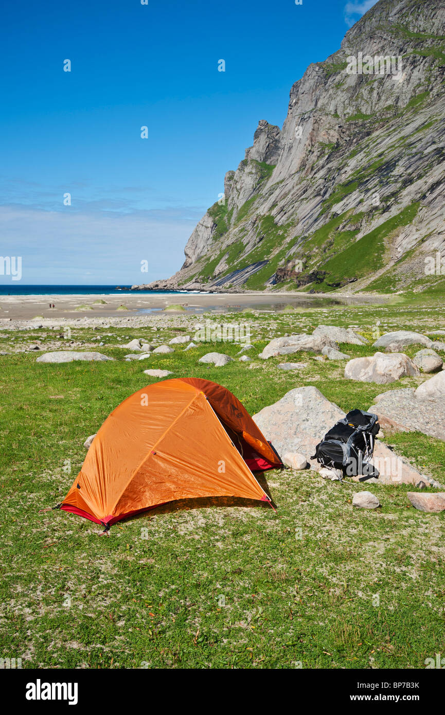 Scenic campsite at Bunes beach, Moskenesoy, Lofoten islands, Norway ...
