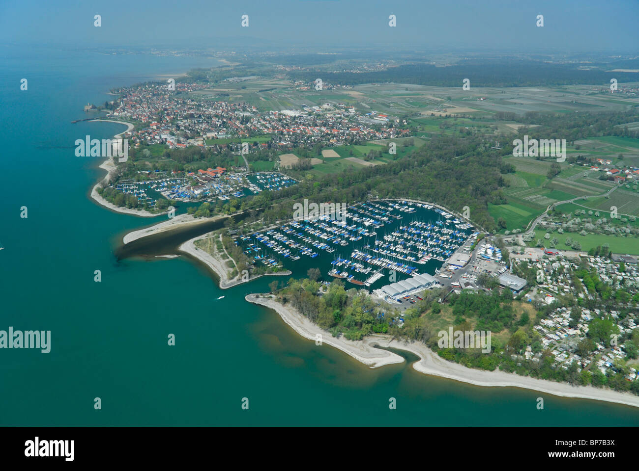 Aerial view of port of Langenargen and Argen river estuary, Constance ...