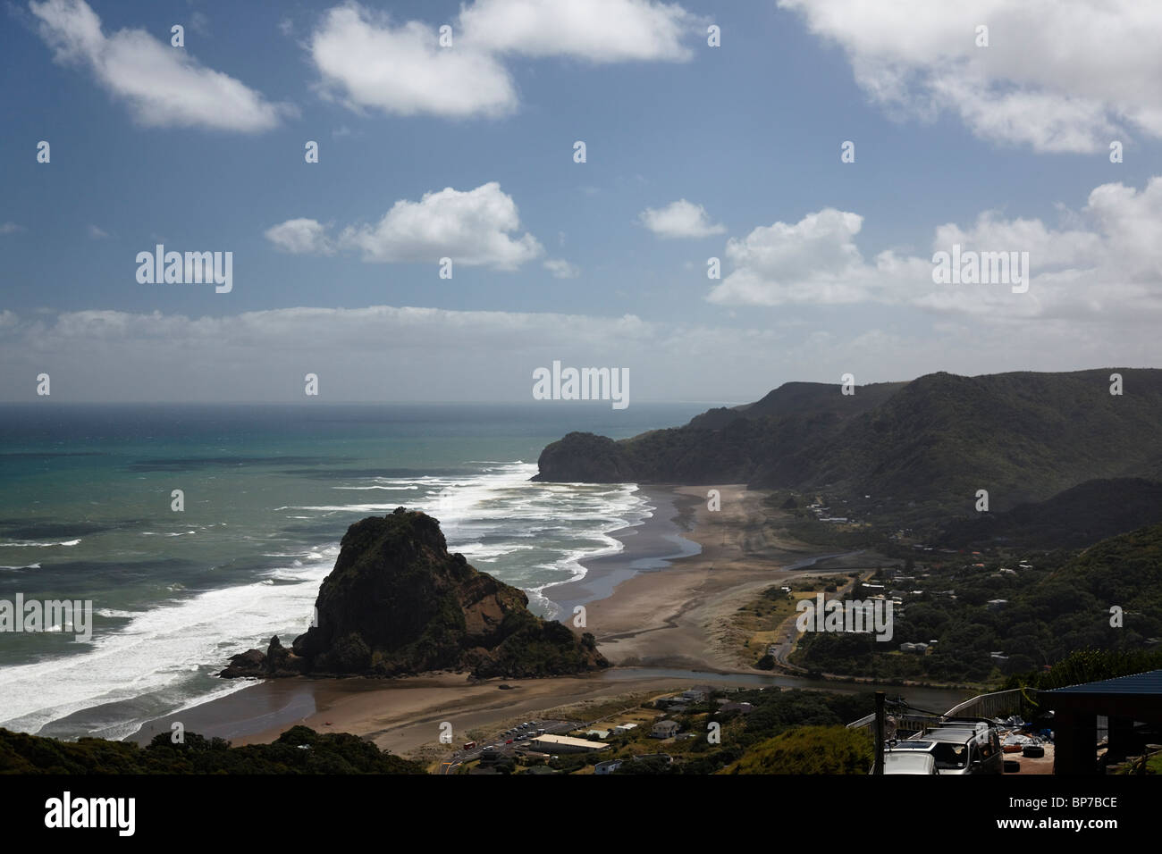 Views of Piha beach in New Zealand featuring Lion Rock Stock Photo - Alamy