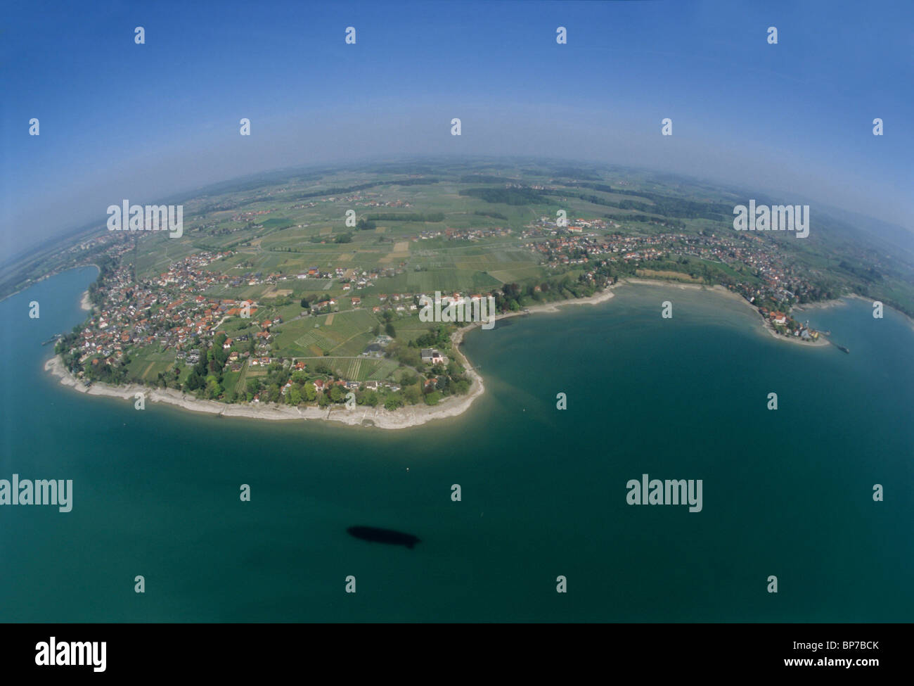 Aerial view from an airship dirigible Zeppelin NT of coastline of ...