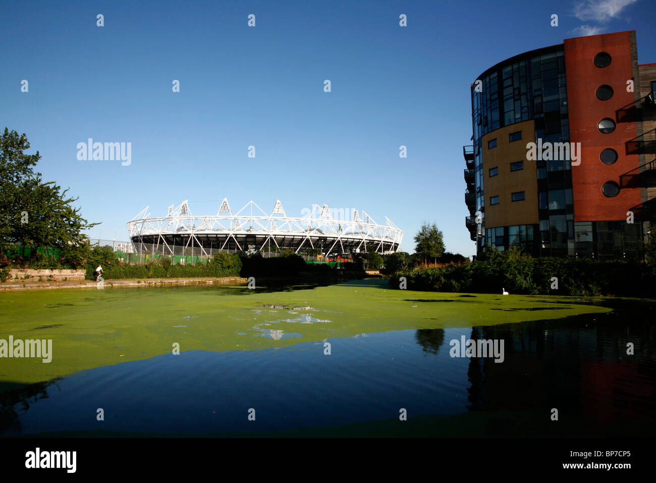 Olympic Stadium in Stratford seen from Hertford Union Canal and River ...