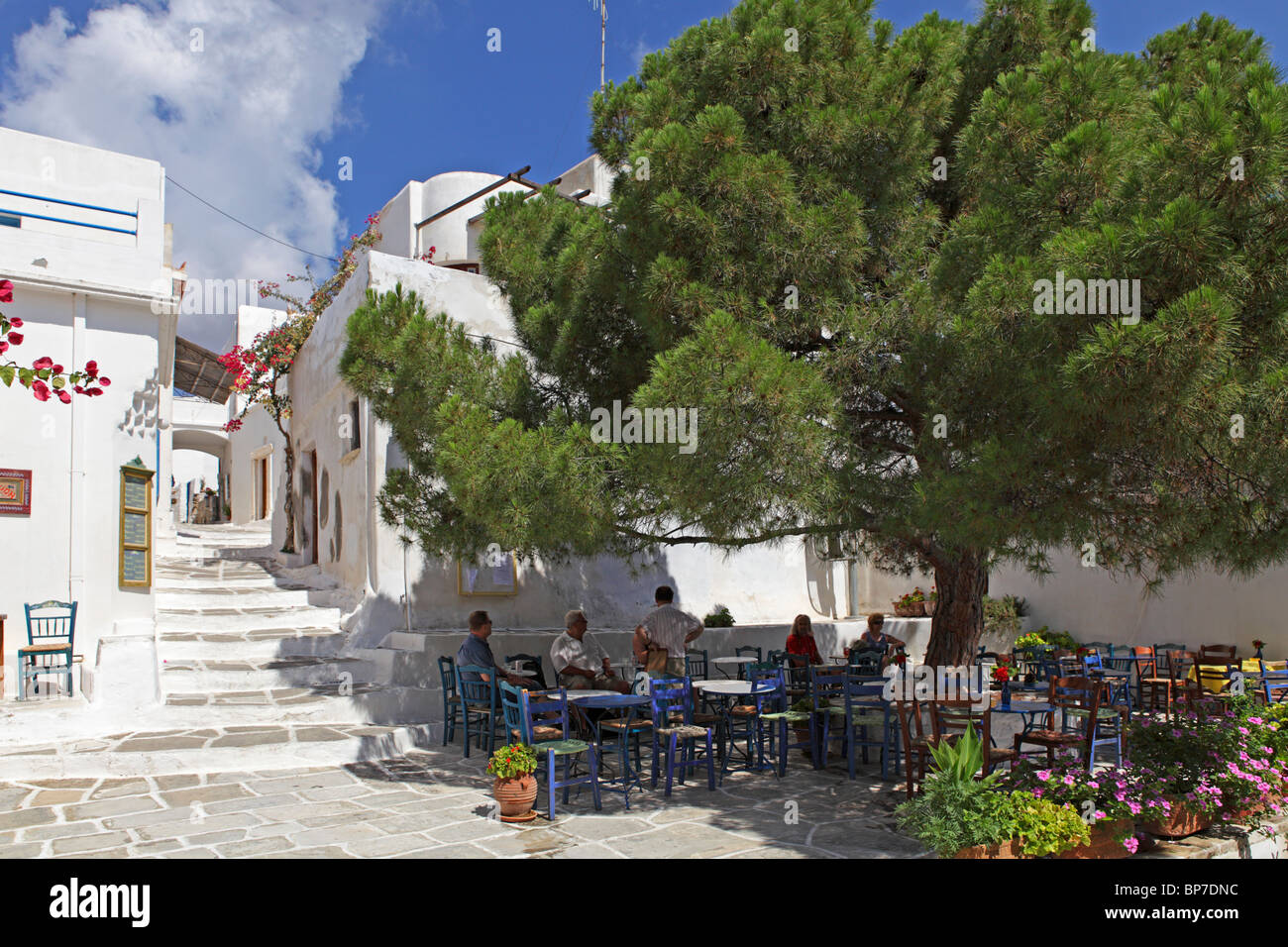 main square at the mountain village Lefkes, Island of Paros, Cyclades ...