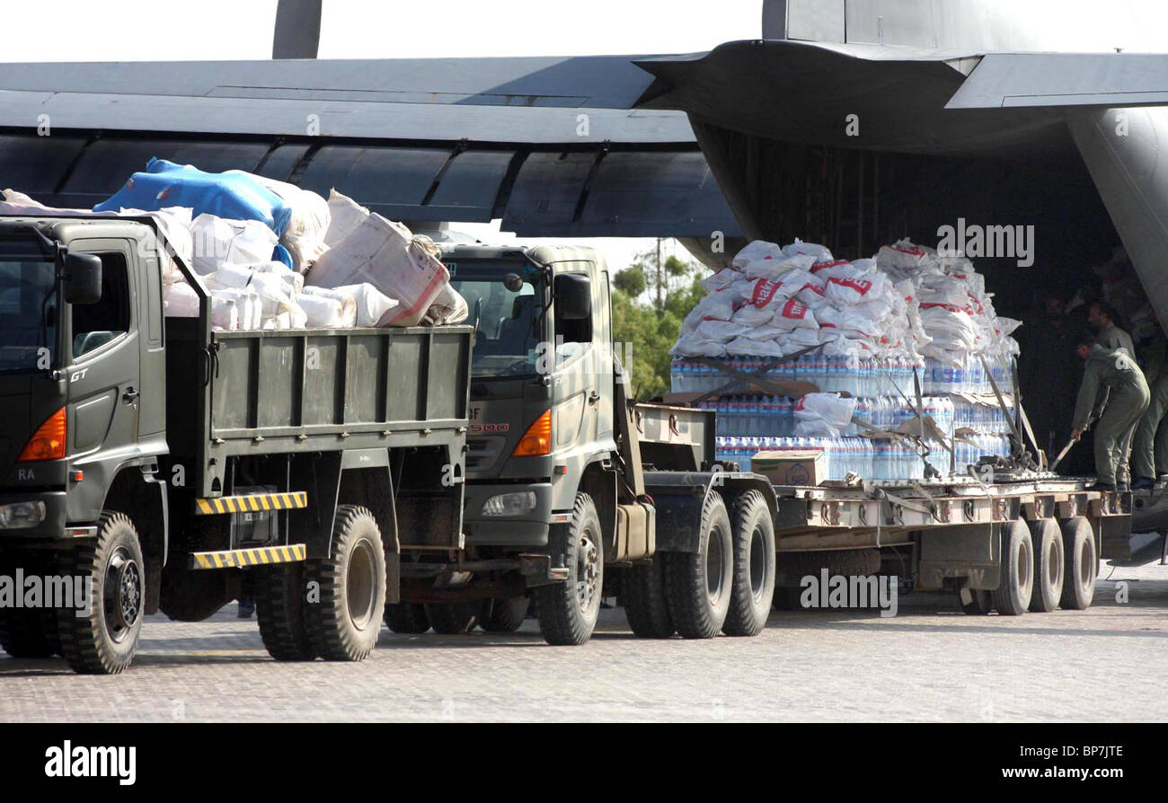 Pakistan Air Force officials load relief goods in a C-130 plane for ...