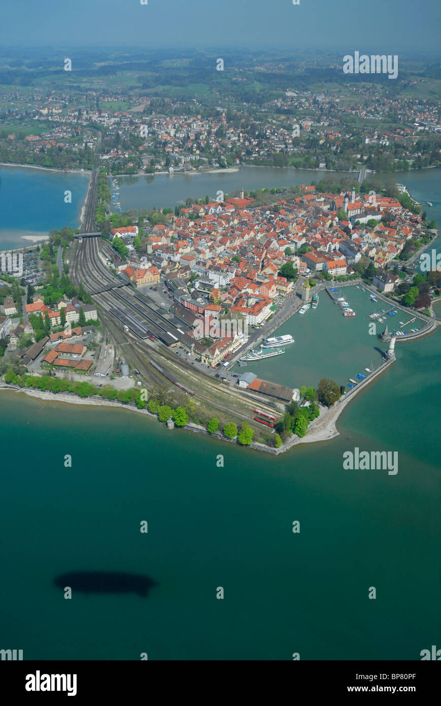 Aerial view from an airship dirigible Zeppelin NT of Lindau Insel and ...