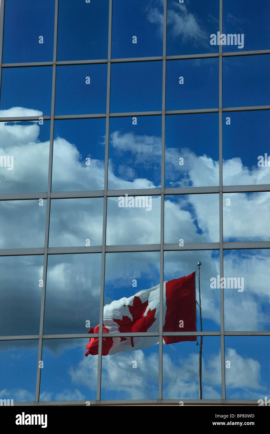 Canadian flag reflected in high rise building, Halifax, Nova Scotia ...