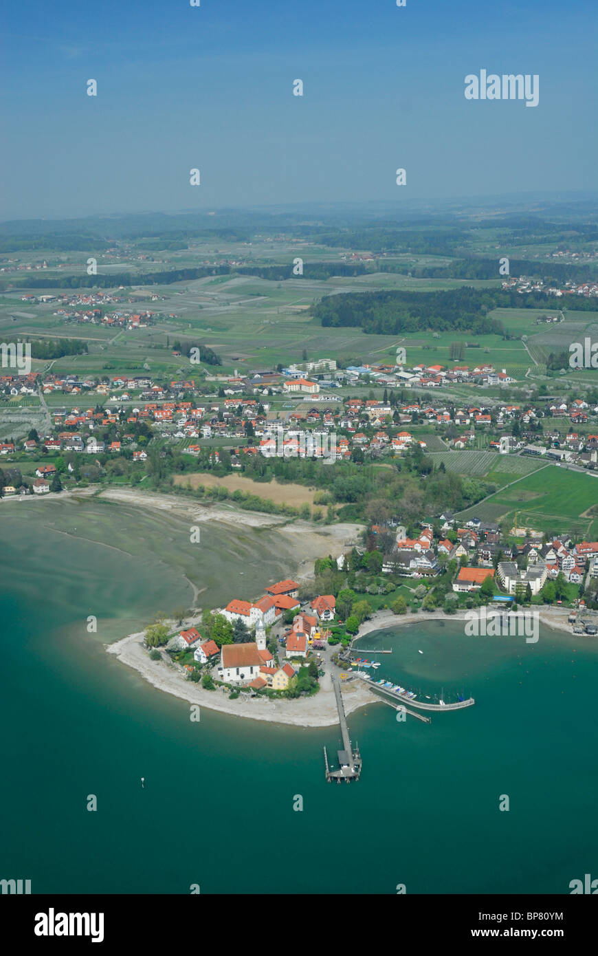 Aerial view from an airship dirigible Zeppelin NT of Constance lake ...