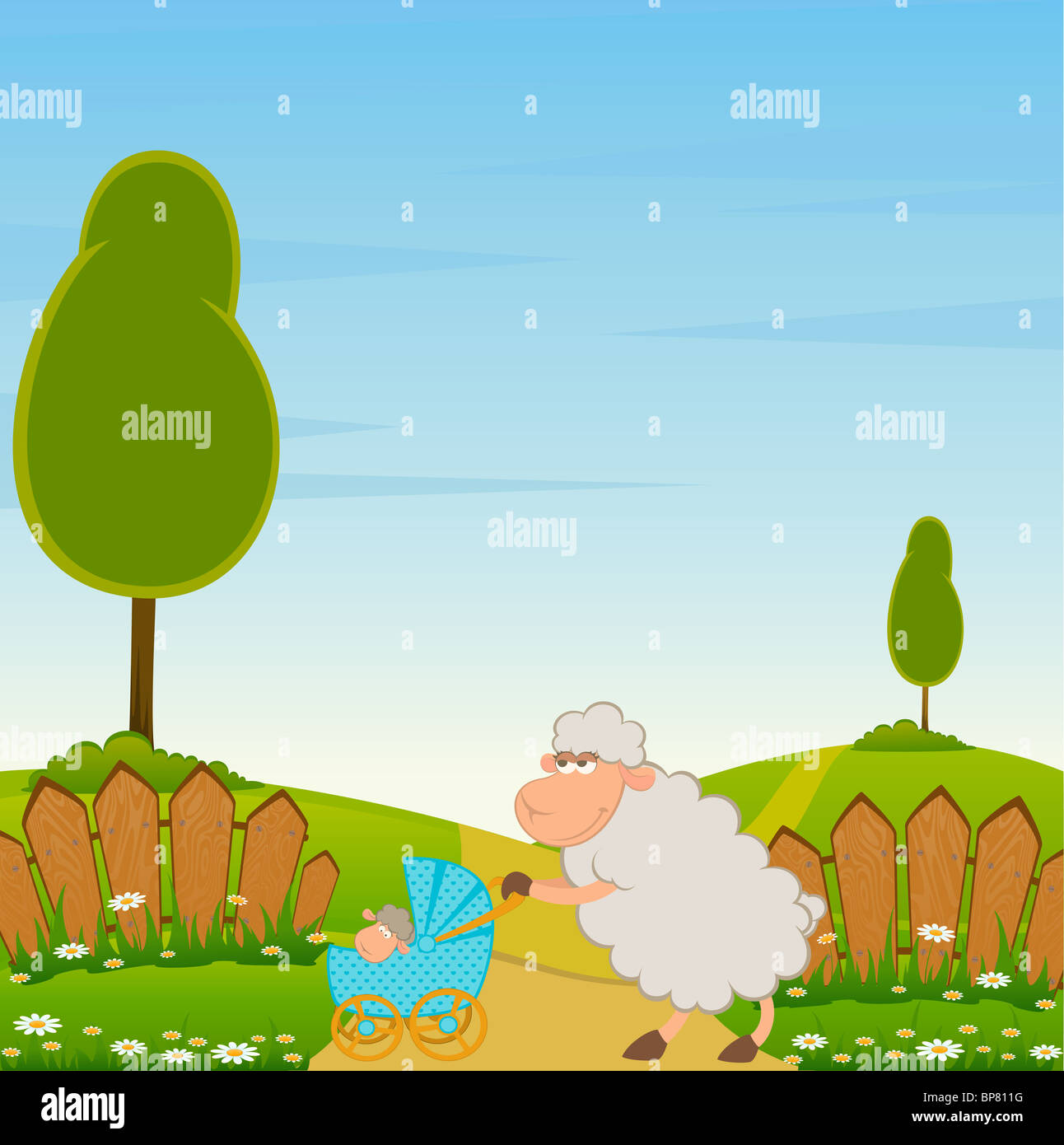 Cartoon smiling sheep with scribble baby carriage Stock Photo - Alamy