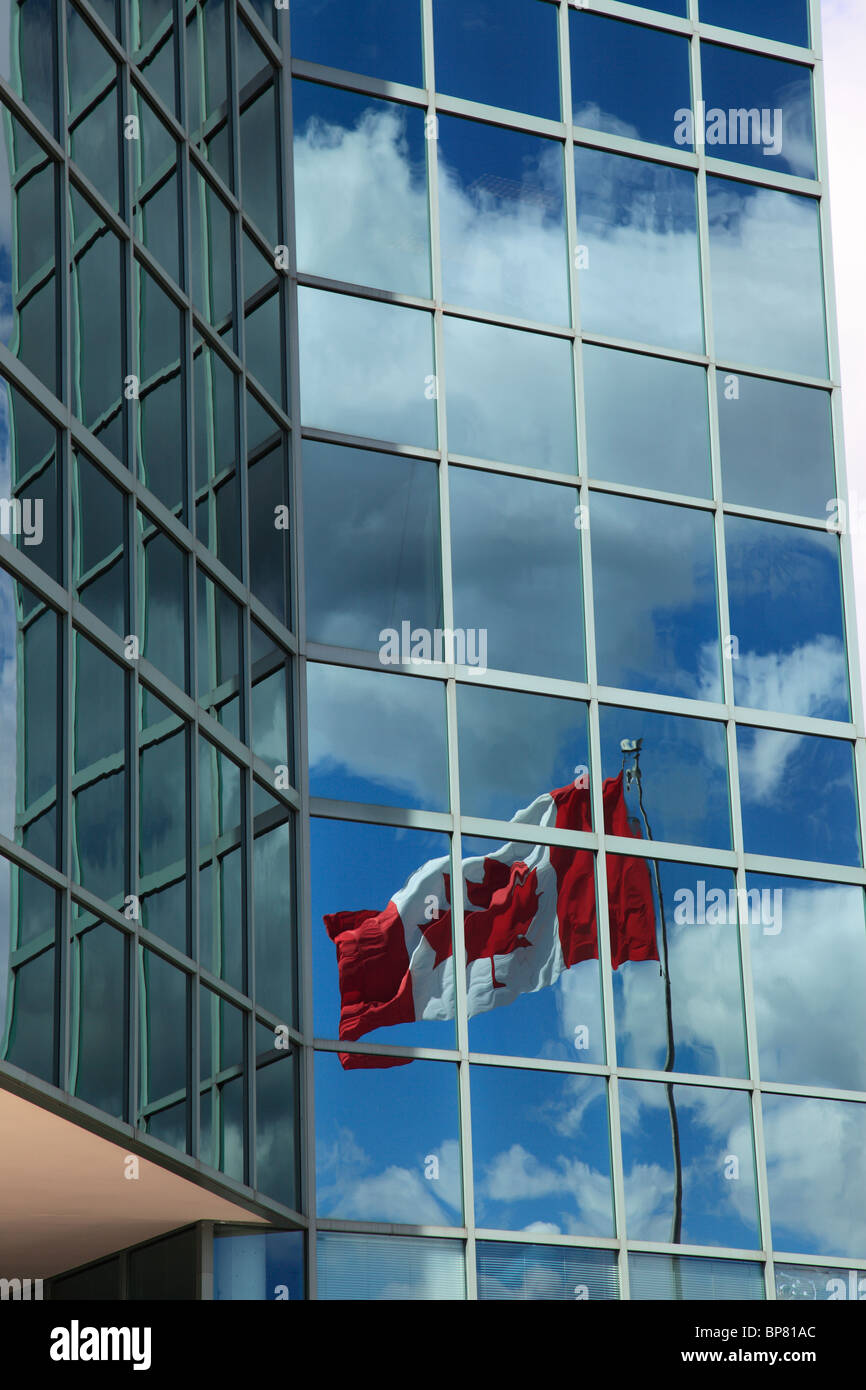 Canadian flag reflected in high rise building, Halifax, Nova Scotia ...