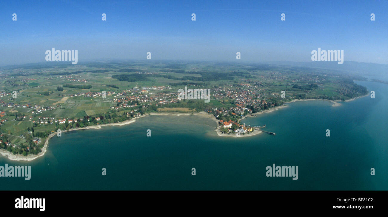 Aerial view from an airship dirigible Zeppelin NT of Constance lake ...
