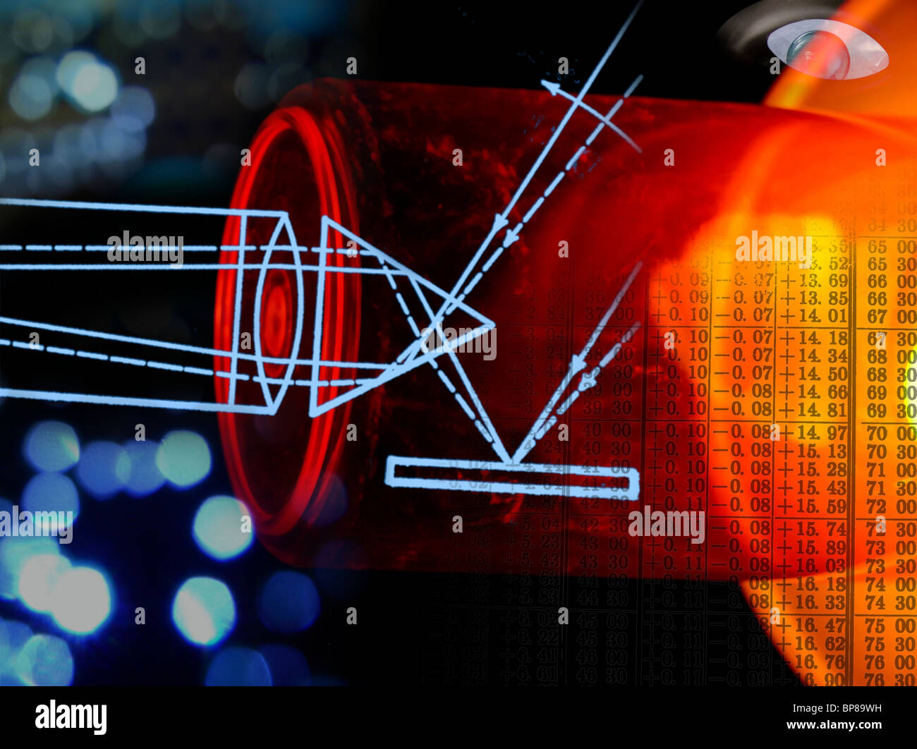 Scientific abstract showing optic rays and tabulated data Stock Photo ...