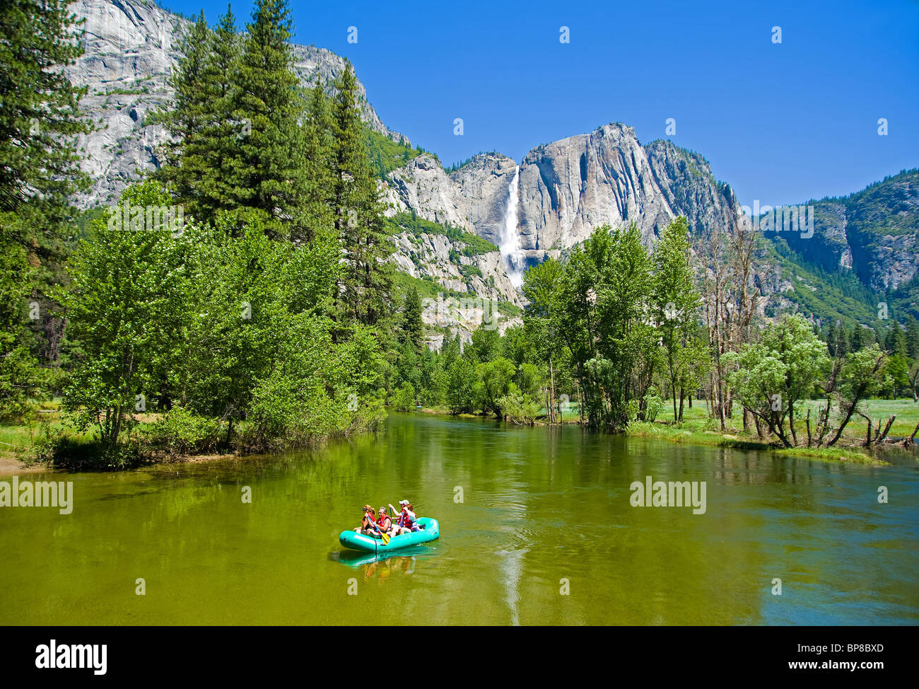Yosemite water fall at Yosemite National Park, Mersed river, inflatable ...