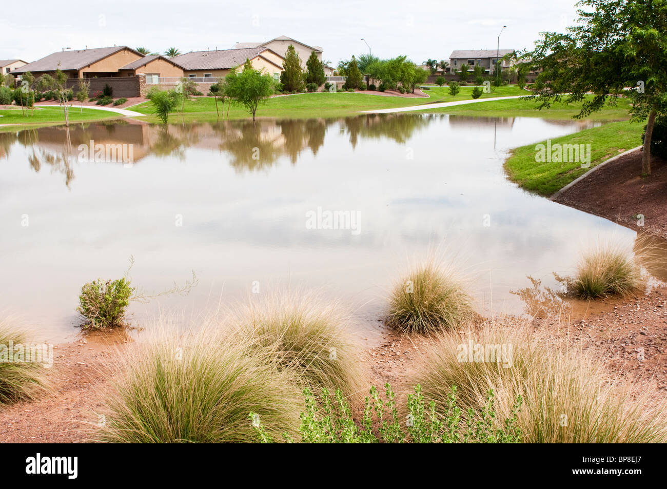 Storm water is collected in runoff basins in a residential area Stock ...