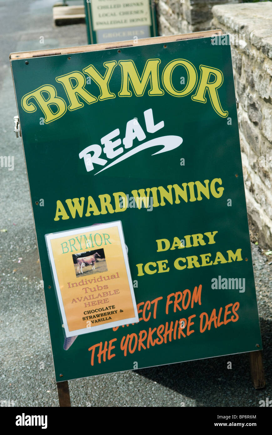 Brymor icecream sign, Muker, Swaledale, North Yorkshire, England Stock ...