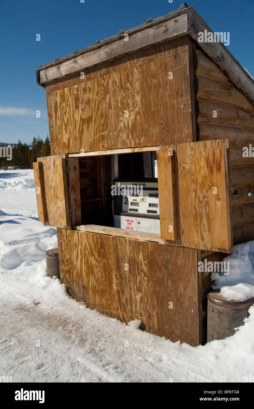 USA, Wyoming. Yellowstone National Park. Gas station with winterized ...