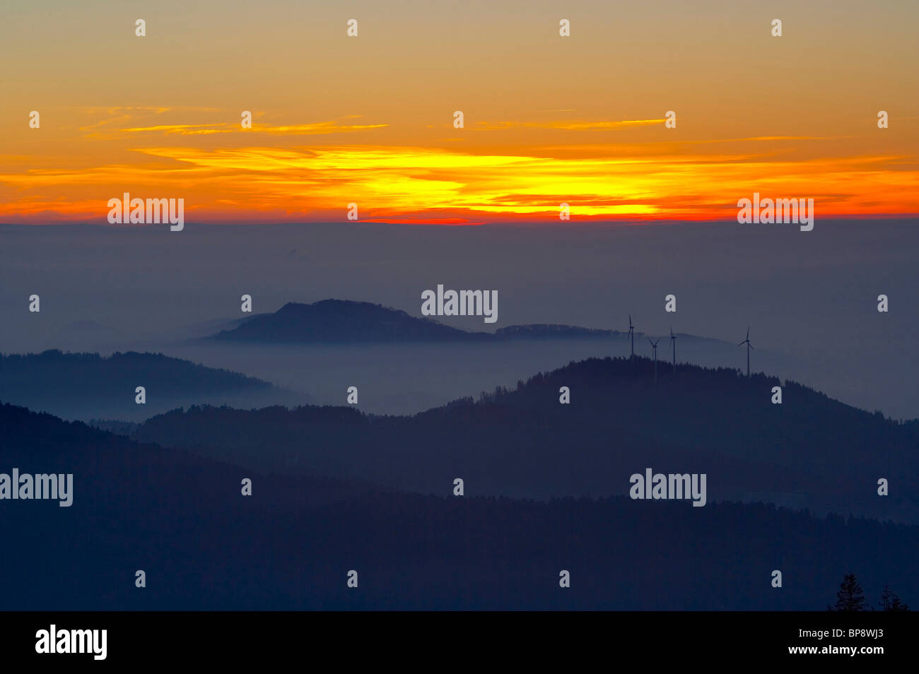 View from the mountain Kandel over the Black Forest with wind energy ...