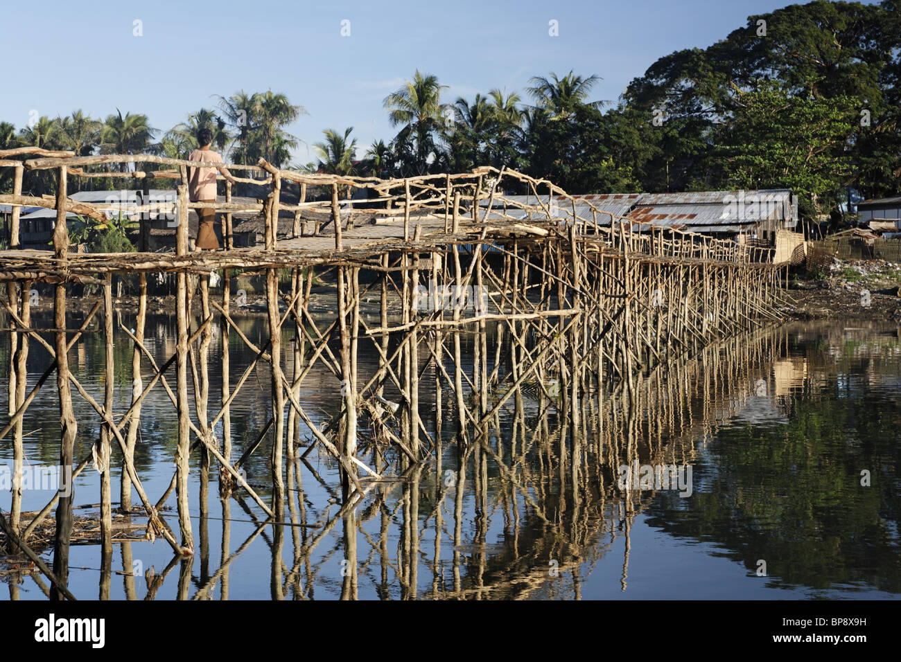 Bamboo Bridge Extending Over River, Myanmar Stock Photo - Alamy