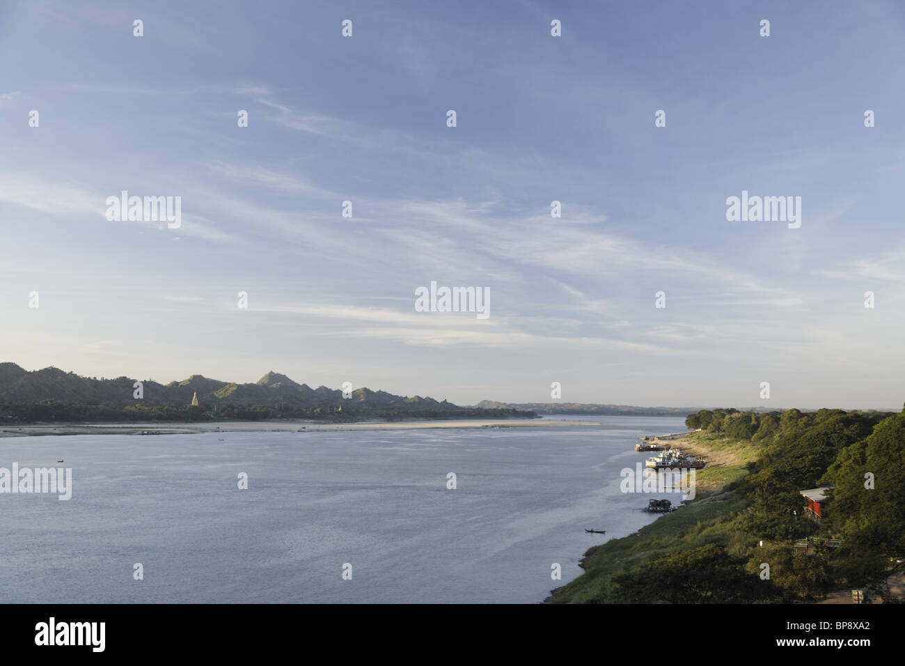 Boats Docked at the Edge of Ayeyarwady River. Pyay, Myanmar Stock Photo ...
