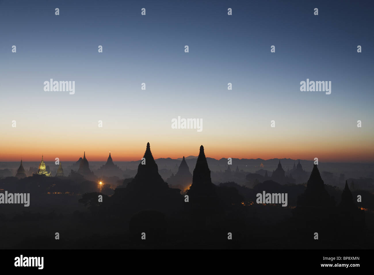 The Sun Rising Over the Silhouettes of Ancient Ruins. Bagan, Myanmar ...