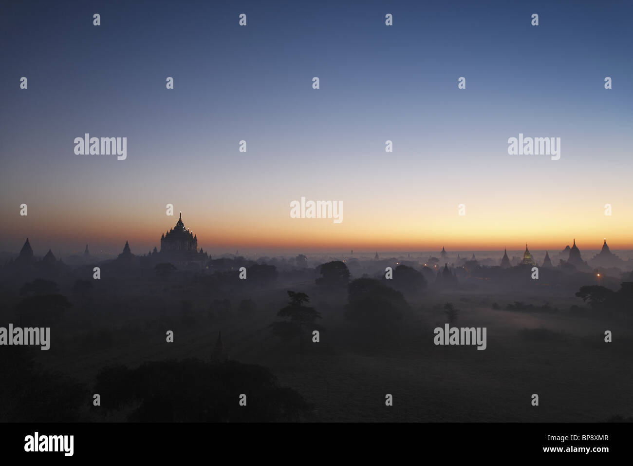 The Sun Rising Over the Silhouettes of Ancient Ruins. Bagan, Myanmar ...