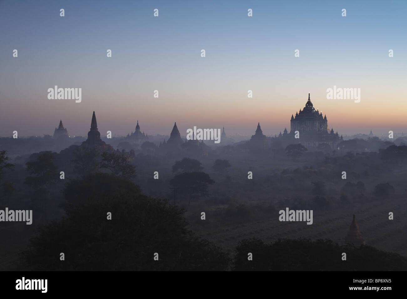 The Sun Rising Over the Silhouettes of Ancient Ruins. Bagan, Myanmar ...