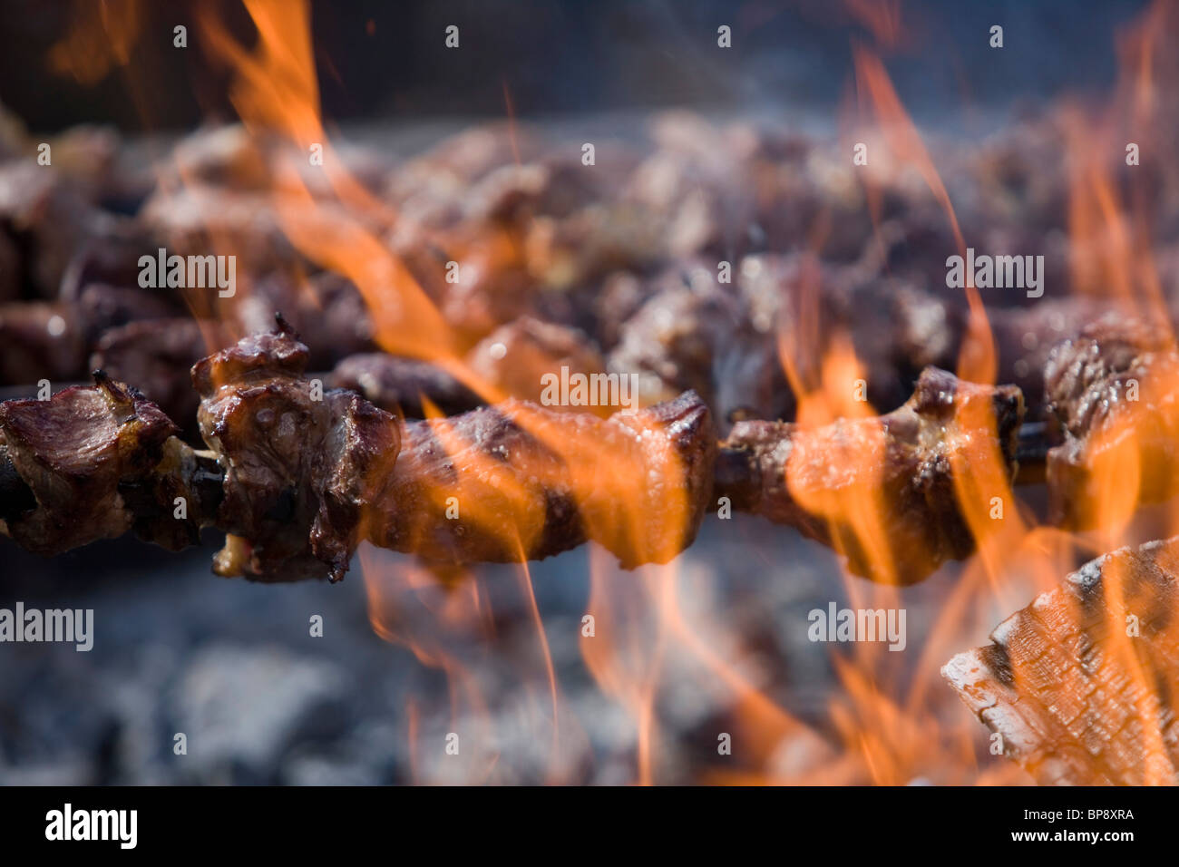 Grilling Espetada beef skewer kebabs over an open fire at a religiois ...